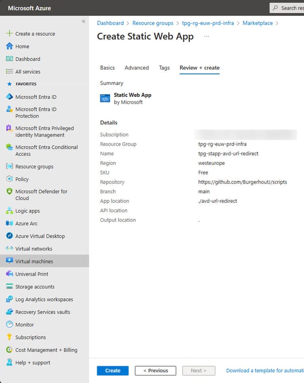 Redirect AVD URL with a static web app
